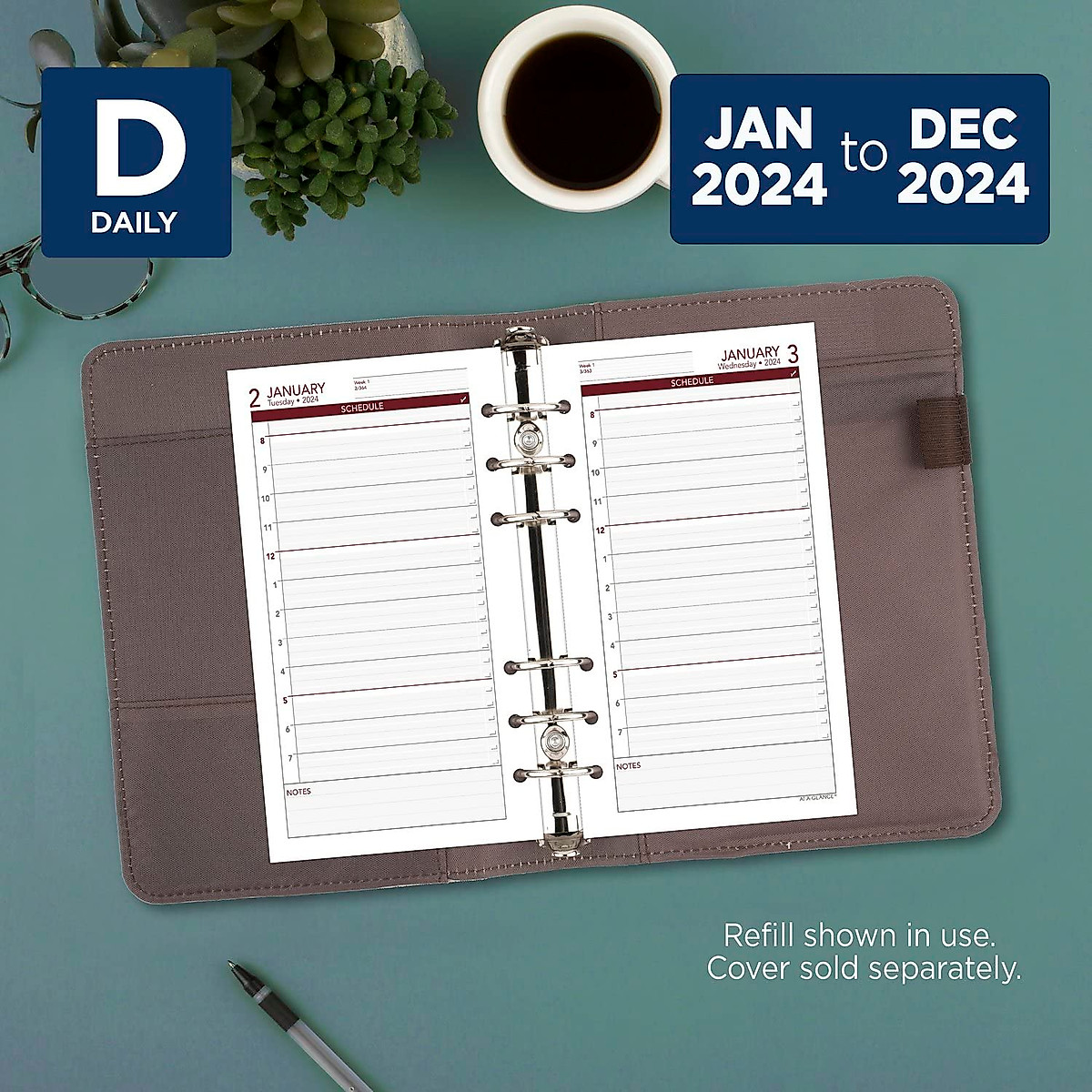 AT-A-GLANCE 2024 Daily Planner One Page Per Day Refill, 3-3/4" x 6-3/4", Portable Size, Loose-Leaf (063-125Y-24)