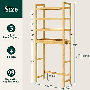 Smiry Over The Toilet Storage, Bamboo 3-Tier Over Toilet Bathroom Organizer with Adjustable Shelf, Fit Most Toilets, Space Saving, Stable Freestanding Storage Cabinet with 4 Hooks, Natural