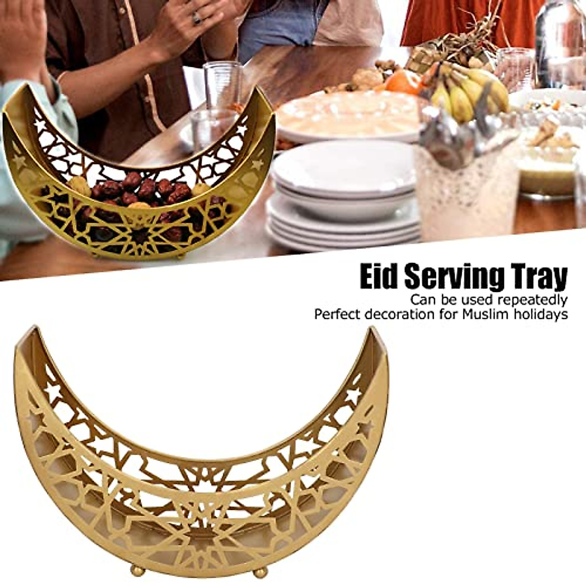Ramadan Food Tray, Ramadan Tray Moon Shape Large Capacity 11.8x8.3x3.1in Decorative Iron Serving Tray for Islam Muslim Eid Holiday