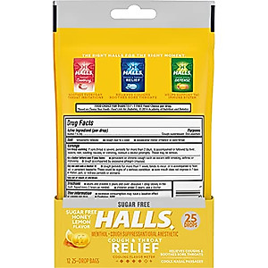 HALLS Relief Honey Lemon Sugar Free Cough Drops, 12 Packs of 25 Drops (300 Total Drops)