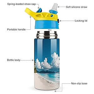 Stainless Steel Water Bottles White Beach Tropical Sea Travel Water Cups with Handle And Silicone Straw Drinking Cup with Leak Proof Lid Thermo Travel Mug for Women Men