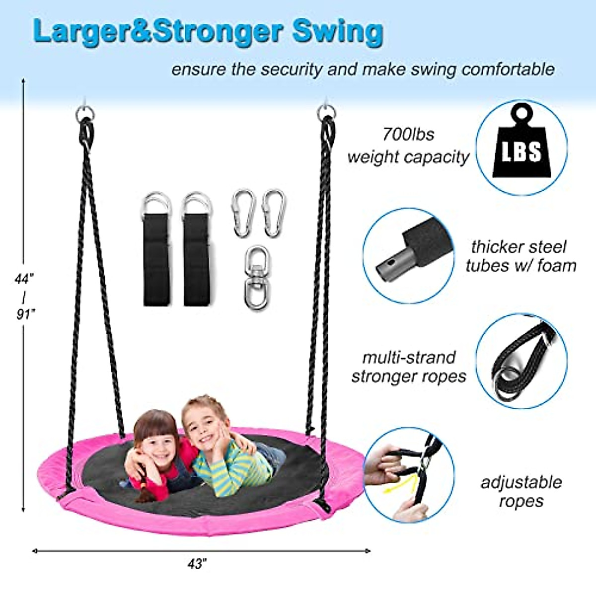 43” 700lbs Saucer Tree Swing,All-Weather Resistant Textilene Swing,360 Degree Spin,w/ 1 Swivel,2 Adjustable Ropes&Long Straps,Easy to Install,Comfortable for Kids Backyard,Playground (Pink)