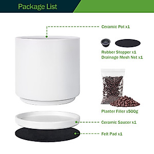 Kazeila Plant Pots Ceramic Planter for Indoor Outdoor Plants Flowers 10 Inch Matte White Large Cylinder Flower Pot with Saucer and Drainage Hole,Glazed Finish Interior and Exterior