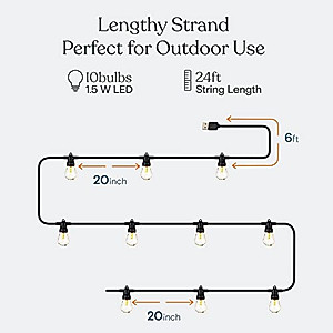 Brightech Ambience Pro USB Powered String Lights - 24 Ft Commercial Grade Waterproof String Lights - Outdoor Shatterproof Patio Lights for Camping, Backyard, Porch, Christmas - 1W 12 Bulbs, Warm White