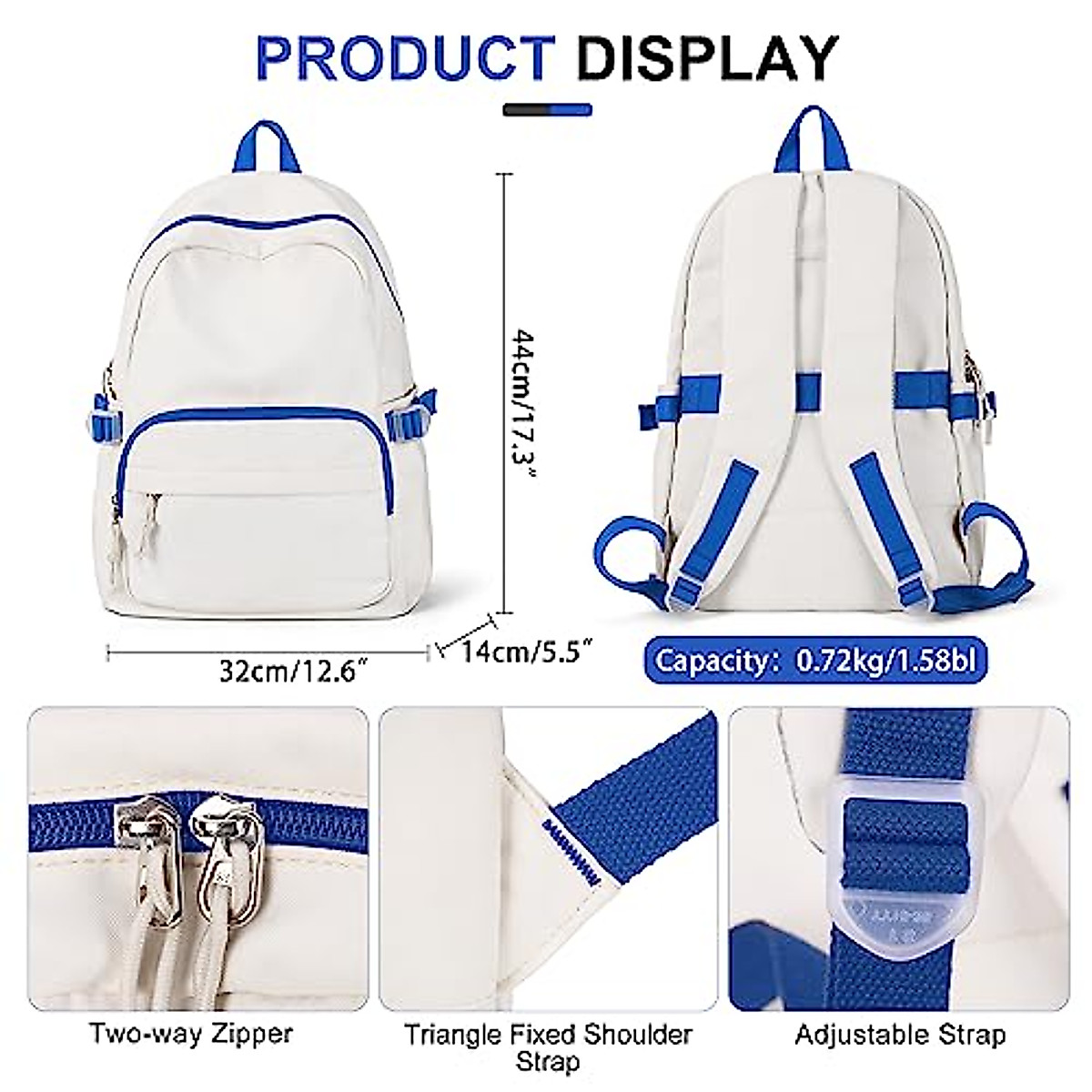 KEYEMP School Backpacks Waterproof Casual Lightweight Travel Rucksack Daypack Backpack for Men Women High School Bags Bookbag Back Pack for Girls Boys Teens,BlueWhite