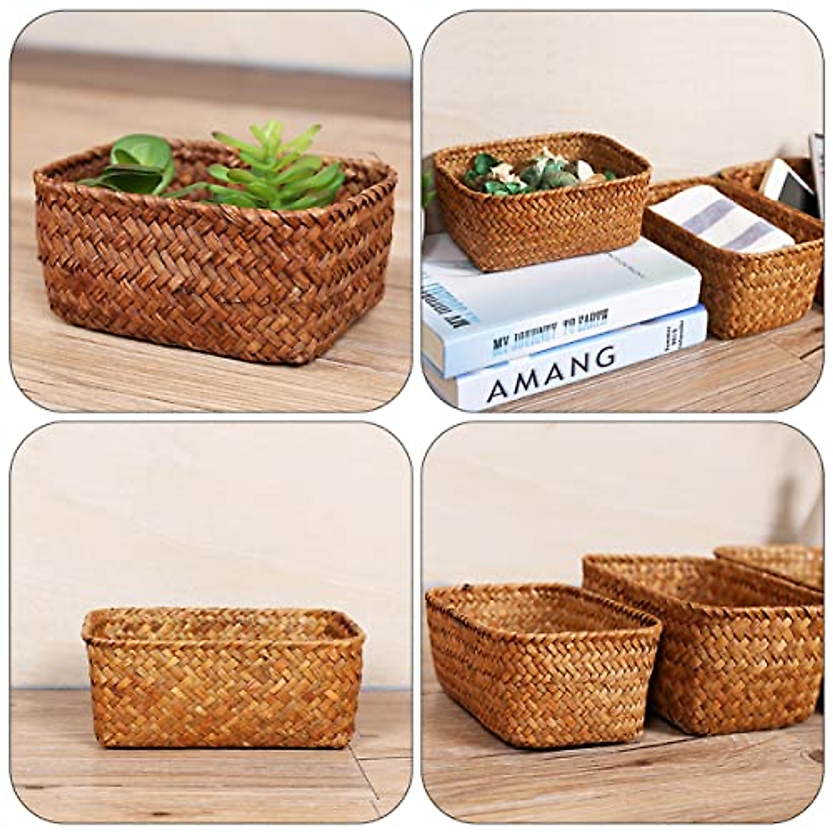 Cabilock 2pcs Braided Organization Tabletop Shelf Natural Daily Snack Toilet Decor Picnic Tank Use Hyacinth Seagrass Bucket Stationery Drawer Makeup, for Baskets Practical Weave Towel