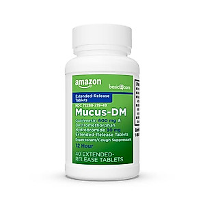 Amazon Basic Care Mucus DM Guaifenesin and Dextromethorphan Hydrobromide Extended-Release Tablets, 600 mg/30 mg, Expectorant and Cough Suppressant, 40 Count
