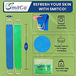 Back Scrubber for Shower for Men and Women | Extra-Long Exfoliating Shower Towel for Back Scrubbing | Exfoliation Back Cleaner Removes Dead Skin and Prevents Acne on Back- 2 Pack - Blue & Green