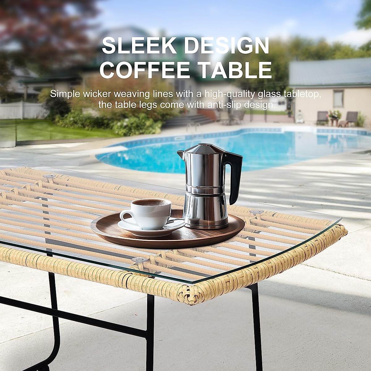 IDEALHOUSE 4 Pieces Patio Furniture Set,Boho L-Shaped Sofa Outdoor Furniture Lounge Set Conversation Sectional with Thick Cushions and Toughened Glass Coffee Table for Deck,Backyard, Porch