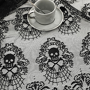 OWENIE Halloween Tablecloth, Skull Lace Fabric Tablecloths with Tassel, Black Pumpkin Table Cloths Table Cover for Rectangle Tables for Parties Gothic Halloween Home Decorations, 52x52 Inch