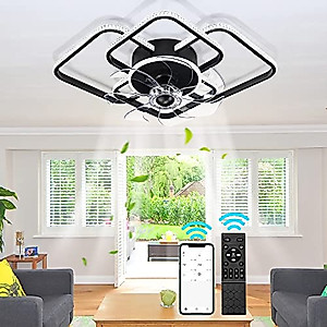 Ceiling Fans with Lights,27" Modern Flush Mount Ceiling Fan with Geometric Dimmable LED Light,Remote Controlled Ceiling Fan 6 Speed Adjustable Smart Ceiling Fans for Bedroom Living Room Decoration