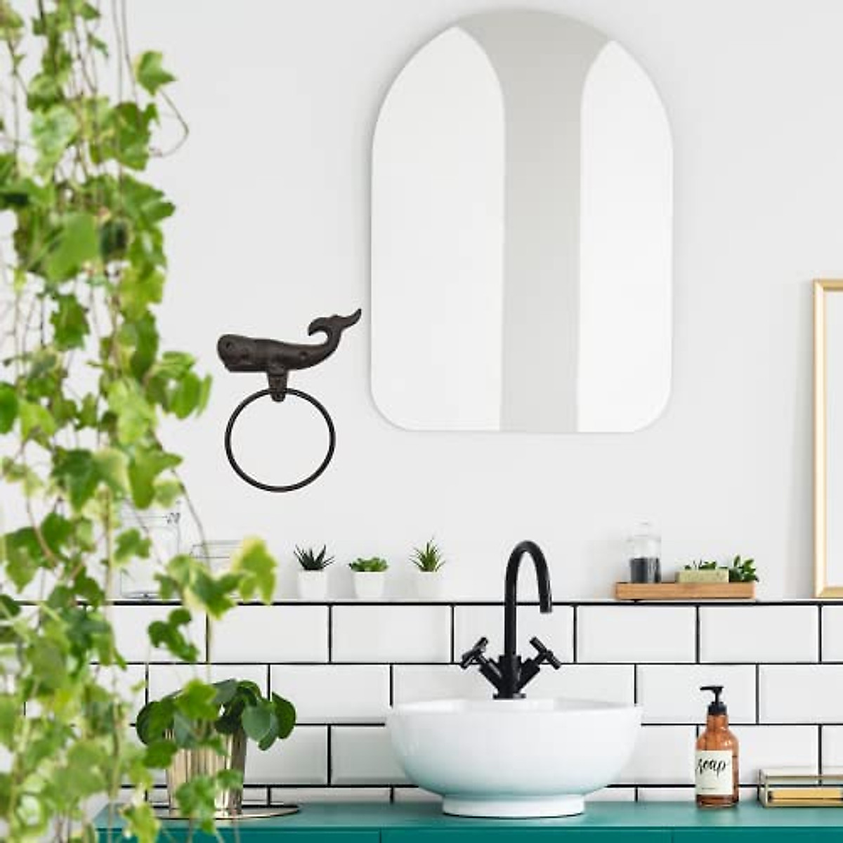 Cast Iron Nautical Whale Hand Towel Holder Ring, Wall Mounted Rings for Hanging Towels, Washcloths, and More, Rustic Coastal Bathroom Decor for Beach Houses, 8 Inches