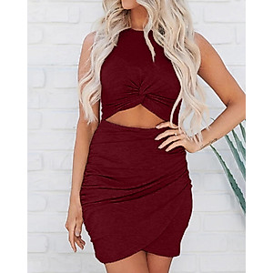 BTFBM Women 2025 Summer Sleeveless Casual Crewneck Bodycon Tank Dress Cutout Twist Slim Wrap Club Party Evening Dresses(Solid Wine Red, Medium)