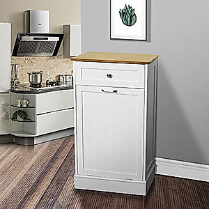 New Kitchen Trash Cabinet,Tilt Out Trash Cabinet with Solid Hideaway Drawer,Free Standing Wooden Kitchen Trash Can Recycling Cabinet Trash Can Holder,Removable Bamboo Cutting Board (White)