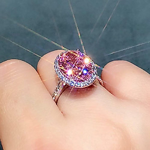 hsiyyecg Split Shank Platinum Plated Pink Crystal Rings, Big Oval Cubic Zirconia Ring, Women's Fashion Wedding Engagement Solitaire Rings Gifts (US Size 7)