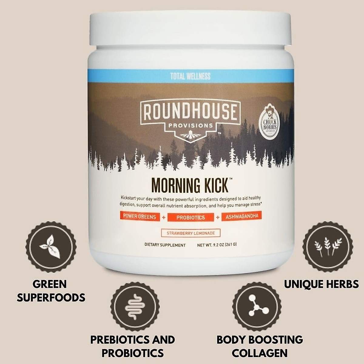 ROUNDHOUSE PROVISION Morning Kick, Greens Superfood Powder Supplement with Ashwaganda, Collagen Peptides, Probiotic Digestive Green Powder, Supports Energy Levels, 30 Servings (Strawberry Lemonade)