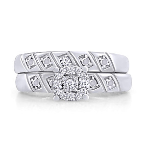 Jewel Zone US White Natural Diamond Engagement & Wedding Trio Band Ring Set in 14k White Gold Over Sterling Silver (0.1 Ct)
