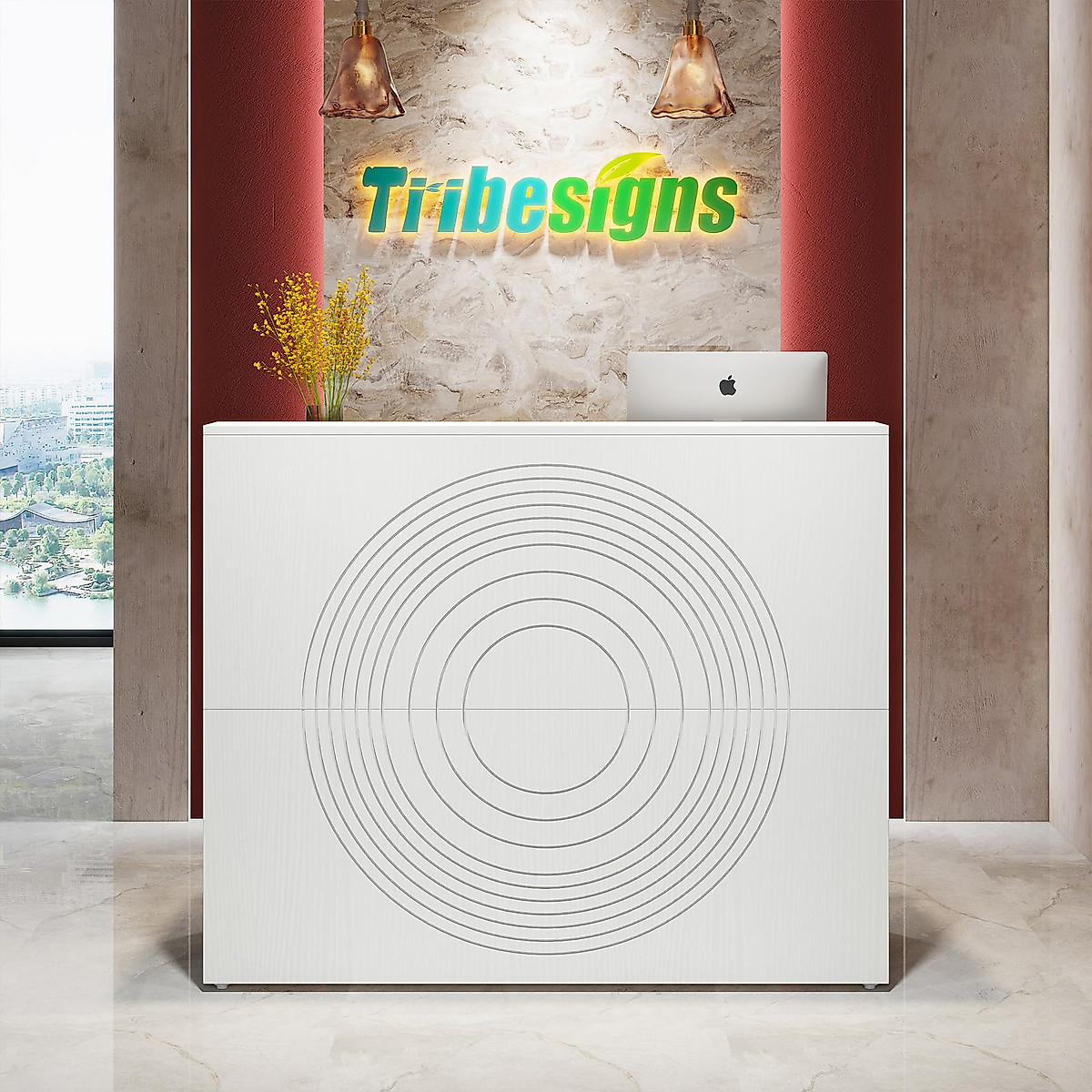 Tribesigns Reception Desk with Counter, Modern Front Desk Reception Room Table with Cable Grommet, 47 inch Retail Counter for Checkout, Lobby, Beauty Salon, Home Office Desk, White