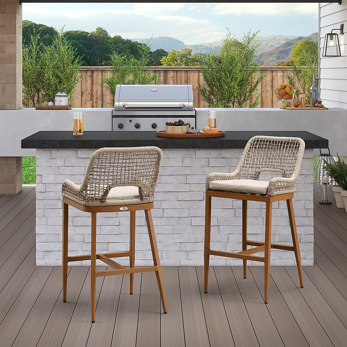 PURPLE LEAF Bar Stools Set of 2 Bar Height Metal Bar Chairs with Back Modern Tall Comfy Wicker Woven Boho Garden Pool Patio Outdoor Barstools