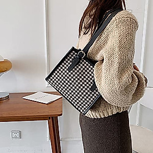 Fashion Woolen Cloth Houndstooth Print Shoulder Bag Women Casual Underarm Bags Female Small Tote Handbags, Black