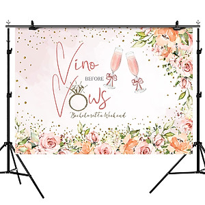Rsuuinu Vino Before Vows Bachelorette Weekend Backdrop for Parties Glitter Dots Flowers Ring Champagne Bride to Be Photography Background Bach Party Wedding Decorations Banner Photo Booth Props 7x5ft