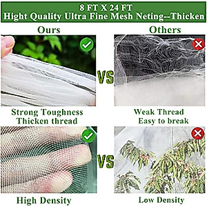 Garden Mesh Netting Kit, Plant Covers 8x24 Ft Ultra Fine Mesh Netting & 6Pcs Garden Hoops & 18 Clips for Vegetable Plants Fruits Flowers Crop Greenhouse Row Cover Birds Animals Barrier Protection Net