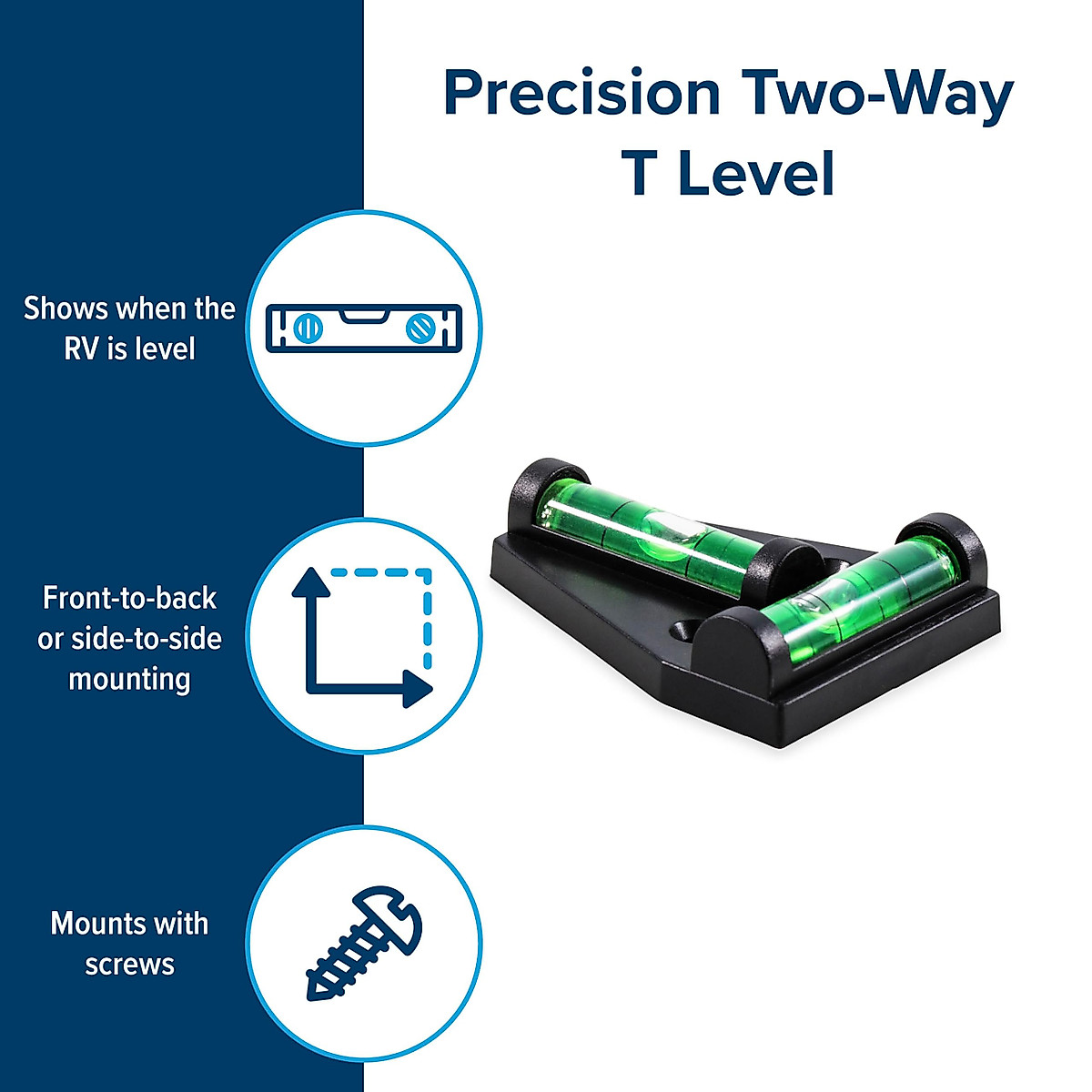 Camco RV T Level | Assists You in Leveling Your RV | For Front-to-Back and Side-to-Side Leveling | Screw-Mounted (25543), Green,black