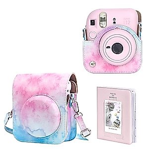 wogozan Protective Case for Fujifilm Instax Mini 12 Instant Camera - Premium Leather Bag Cover with Mini Photo Album and Removable & Adjustable Strap (Blue Pink Watercolor)