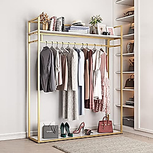 FONECHIN Heavy Duty Clothing Rack with Shelves for Hanging Clothing, Gold Metal Freestanding Garment Rack for Retail Display (59" L)