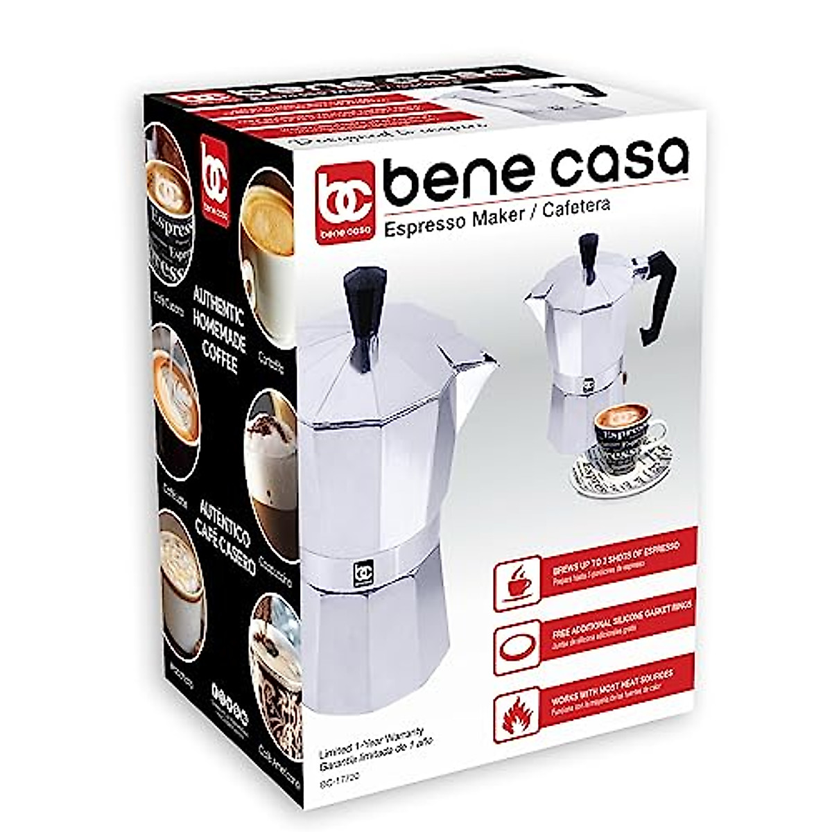 Bene Casa Classics BC-17720 3-Cup Aluminum Espresso Maker, silver