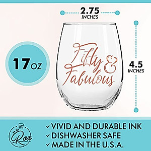 On The Rox Drinks 50th Birthday Stemless Wine Glass for Women - 50 & Fabulous- 50 Year Old Wine Glass Birthday Gift- Rose Gold Print Perfect for Women, Mom, Friend, Sister Turning Fifty - 17 oz