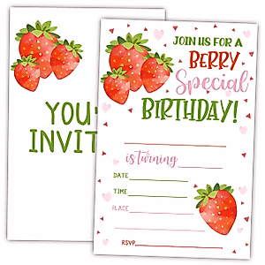 AWSICE Strawberry Theme Birthday Invitations, Fruits Double-Sided Fill-In Invite Cards For Kids, 20 Invitations With Envelopes, Decorations, Party Favor And Supply
