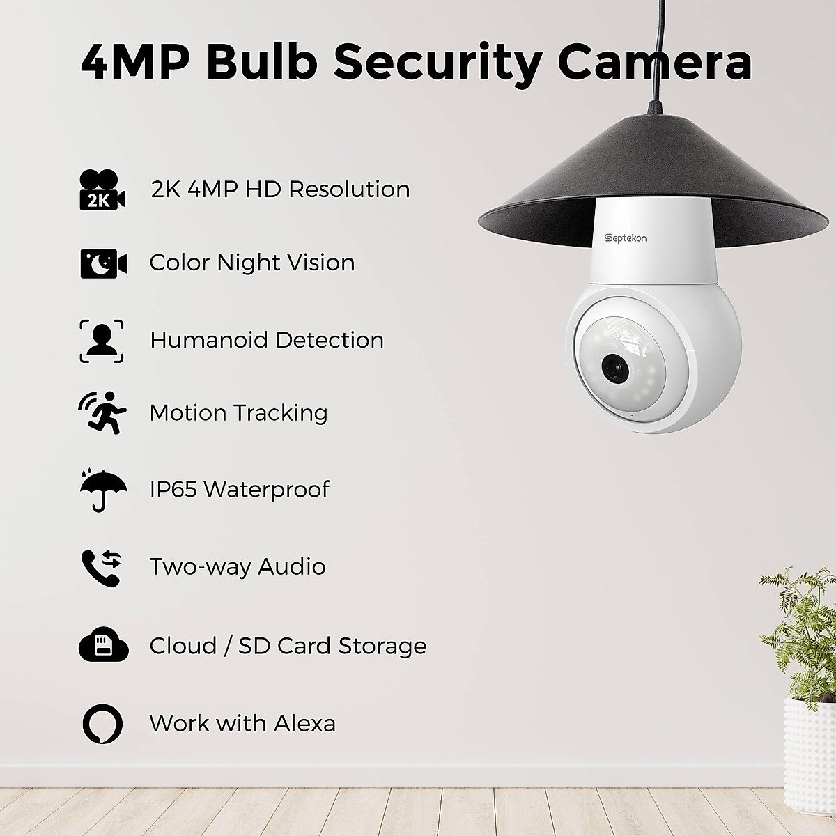 Septekon 4MP Light Bulb Camera 2 Pack, 360 Light Socket Security Camera Outdoor Indoor 2.4GHz WiFi, 2K Full Color Night Vision, Motion Detection Alarm, IP65 Waterproof, Two-Way Audio