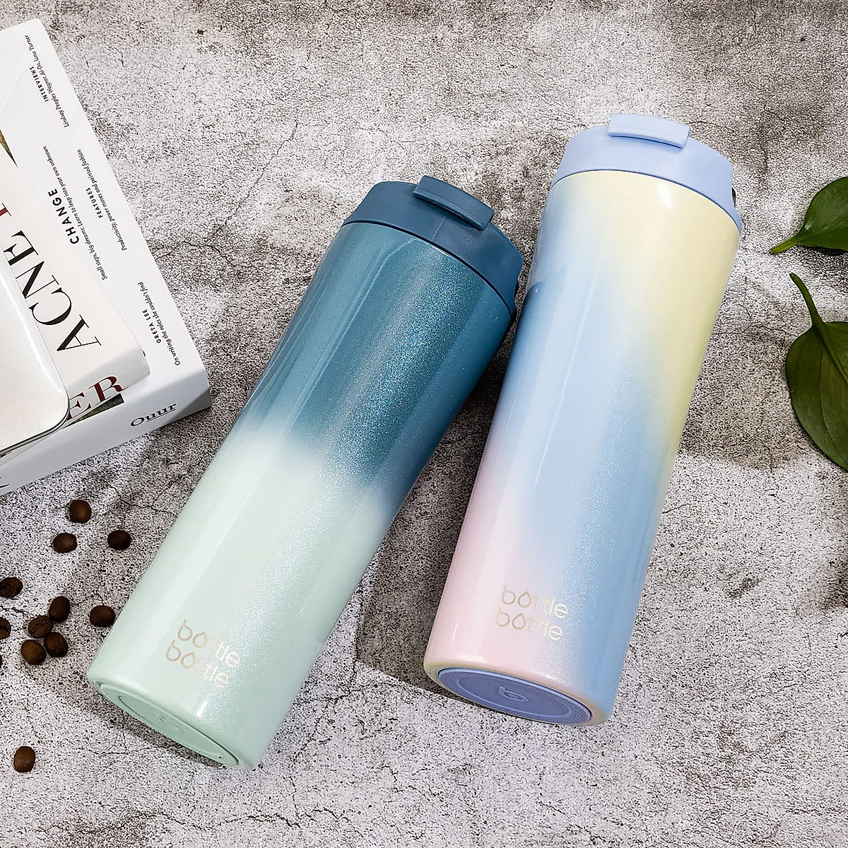 BOTTLE BOTTLE Insulated Coffee Tumblers with Dual-use Lid and Straw Double Walled Iced Travel Coffee Mug for Woman and Man 18 oz Stainless Steel Tumbler with Handle(Ocean Blue)