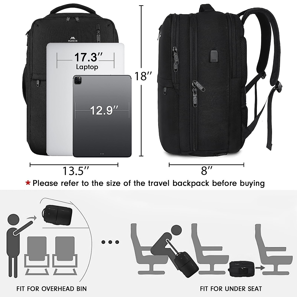 MATEIN Travel Backpack, 40L Flight Approved Carry on Hand Luggage, Water Resistant Anti-Theft Business Large Daypack Weekender Bag for 17 Inch Laptop, Black
