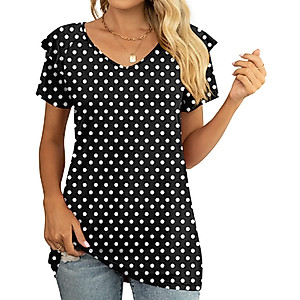 YVH Women's Tops, Tees & Blouses Summer Short Sleeve Ruffle V Neck Semi Casual Shirts for Women, Polka Dot Black, L