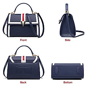 Leather Crossbody Bags for Women, Genuine Leather Mix Color Design Ladies Fashion Satchel Handbag with Adjustable Shoulder Strap Womens Casual Top Handle Bag Women's Messenger Purse and Handbag (Blue)