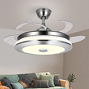 MoreChange 36" Retractable Ceiling Fans with Lights and Music Speaker,Modern Bluetooth LED Chandelier Fans For Dining Room wih Remote Control 3 Speeds 3 Color Changes Lighting Fixtures for Living