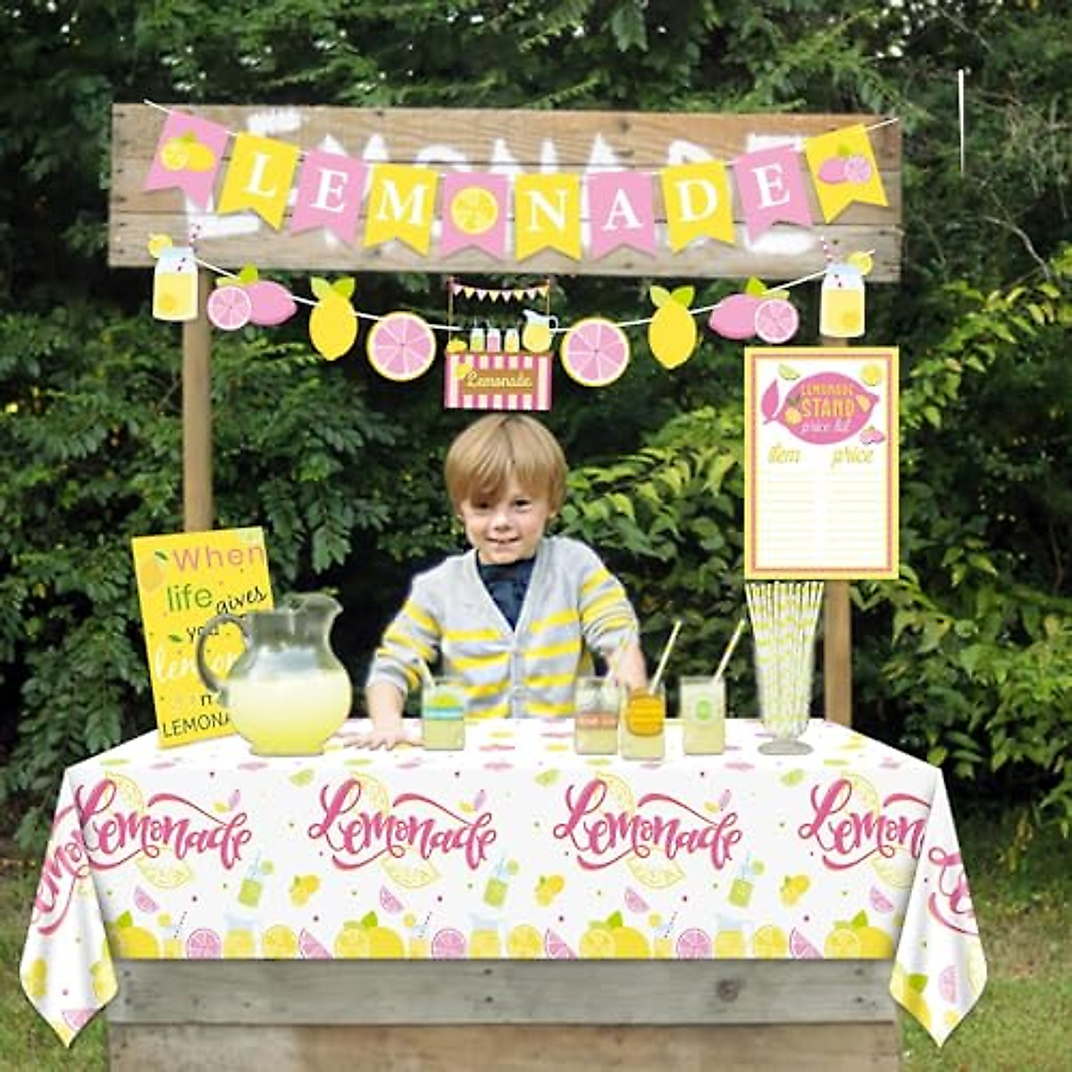 Lemonade Stand Decorations - Lemonade Banner, Lemonade Stand Sign, Lemon Straw for Kids Summer Bridal Shower Birthday Party Lemonade Stand Supplies