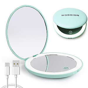wobsion Travel Mirror with Light, Rechargeable 1x/10x Compact Magnifying Mirror, Dimmable Pocket Mirror,3.5inch Travel Size,Portable for Handbag,Purse,Gift,Cyan