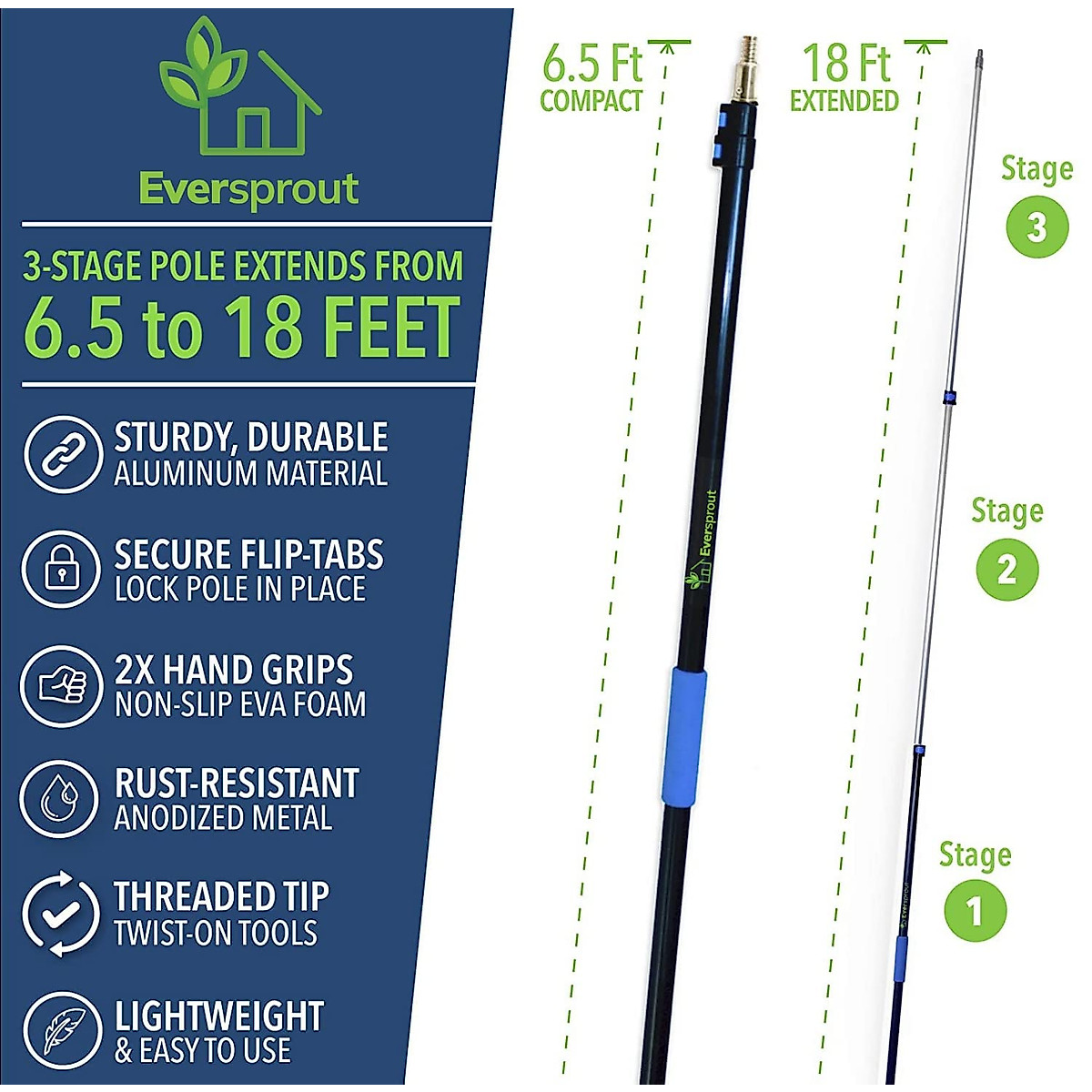 EVERSPROUT Telescoping Boat Hook | Floats, Scratch-Resistant, Sturdy Design | Durable & Lightweight, 3-Stage Anodized Aluminum Pole | Threaded End for Boating Accessories