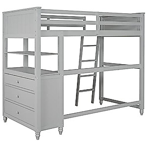 Twin Size Loft Bed with Desk and Drawers, Solid Wood Loft Bed with Storage Shelves for Kids Teens Adults - Gray