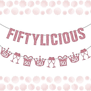 Happy 50th Birthday Banner Rose Gold, Fiftylicious Banner, 50 Year Old Party Decorations for Women, 50th Birthday Anniversary Milestone Decorations