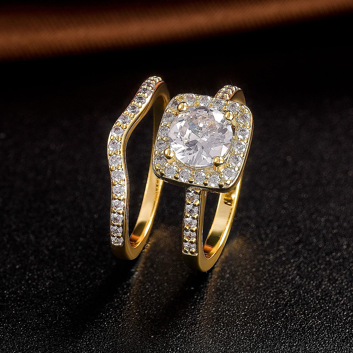 18K Gold Plated Two-in-One Wedding Engagement Eternity Rings Halo Cubic Zirconia Bridal Rings Set 7