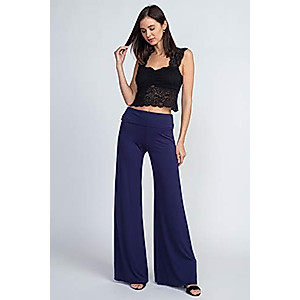 YELETE Women's Fashion Colorful Printed High Waist Fold Over Wide Leg Palazzo Pants (Large, Navy)