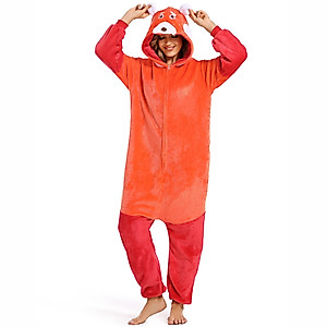 Afoxsos Panda Costumes for Teens Adults, Panda Mei Plush One Piece Costume, Halloween Cosplay Jumpsuit, Turn Costume Onesie, One Piece Animal Pajamas M, Orange