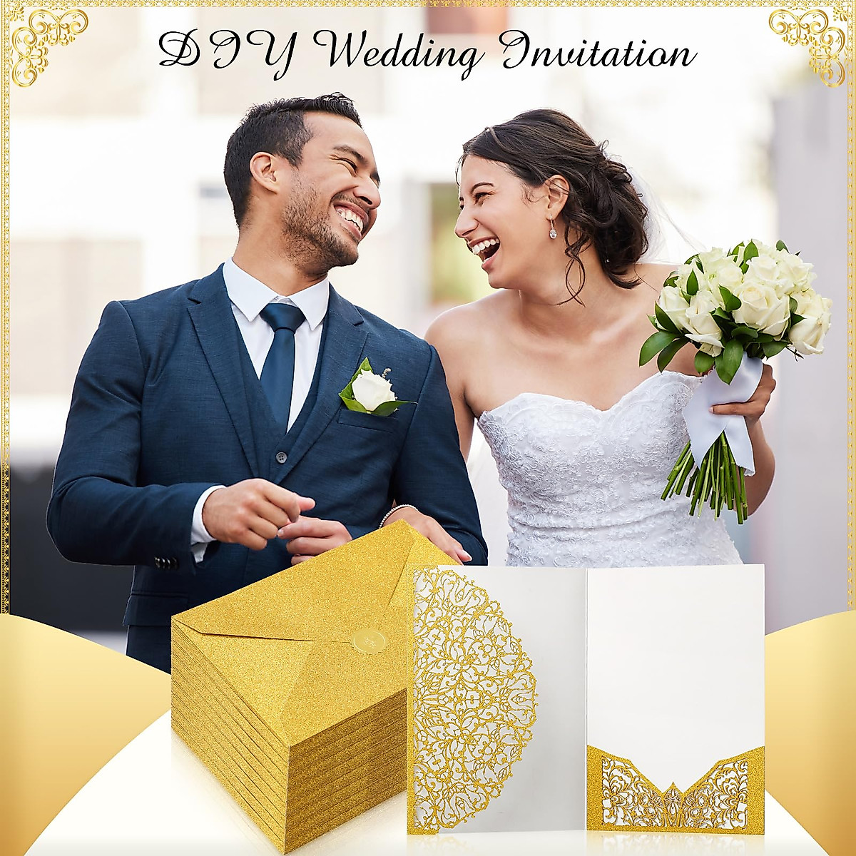 100 Set 5 x 7 Laser Cut Wedding Invitations with Envelopes and Wax Seal Stickers Pocket Wedding Invitation Cards Blank Invitation Kit for Wedding Bridal Shower Engagement Invite (Gold)