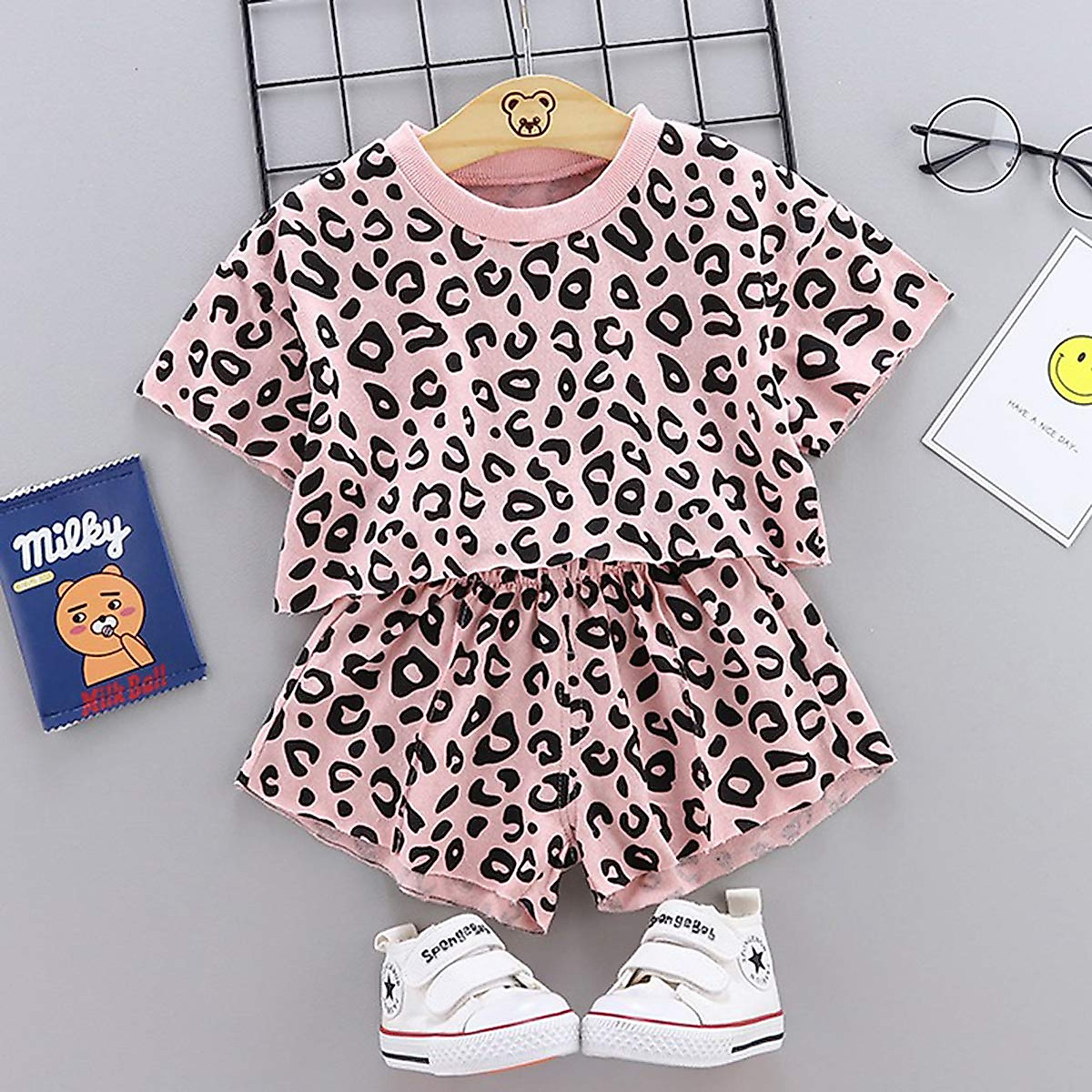 Toddler Baby Girls Leopard Print Summer Clothes Set T-Shirt and Short Pants 2pcs Outfits (1-Pink, 2T)