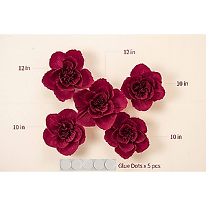 MEJOY 12" 3D Paper Flower Decoration for Party, Wedding Decoration, Background Wall, Nursery Room Decoration, Bridal Shower, Baby Shower(Burgundy, 5 Pcs)