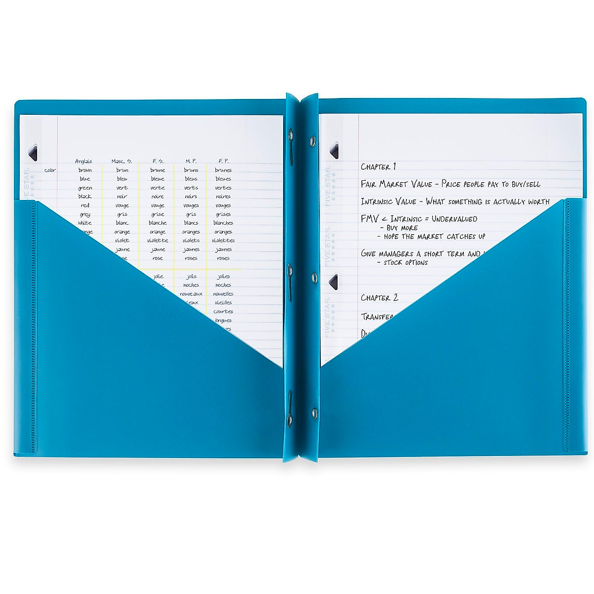 Five Star 2 Pocket Folders, 4 Pack, Plastic Folders with Prong Fasteners, Holds 11” x 8-1/2”, Tidewater Blue, White, Amethyst Purple, Harvest Yellow (38136)